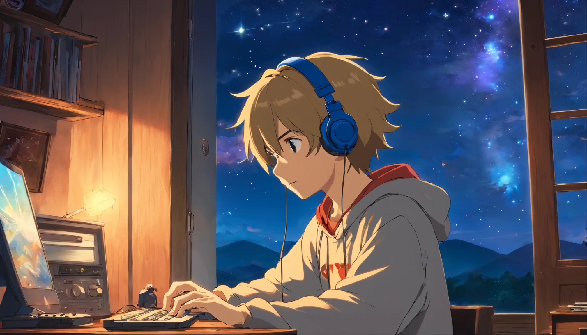 Anime boy with headphones on using a laptop computer at night - SeaArt AI