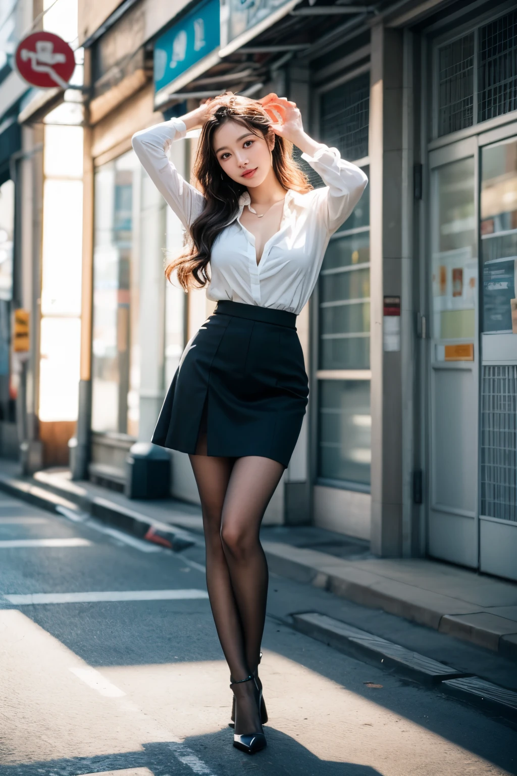 A woman in a skirt and white shirt is walking down the street - SeaArt AI