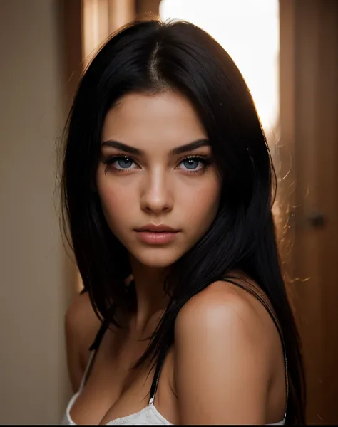 make a beautiful woman with black hair and blue eyes - SeaArt AI