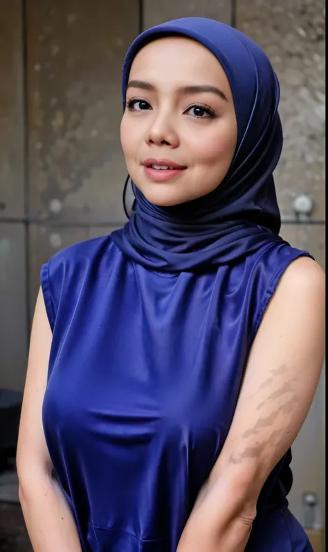 Young malay girl in hijab naked kneeling and smiling in a dark forest looking to the viewer, top ...