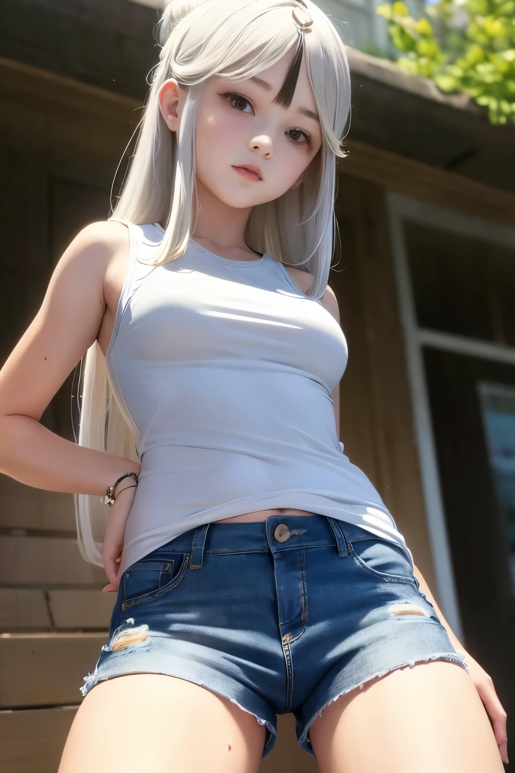 A close up of a person wearing a white shirt and denim shorts - SeaArt AI