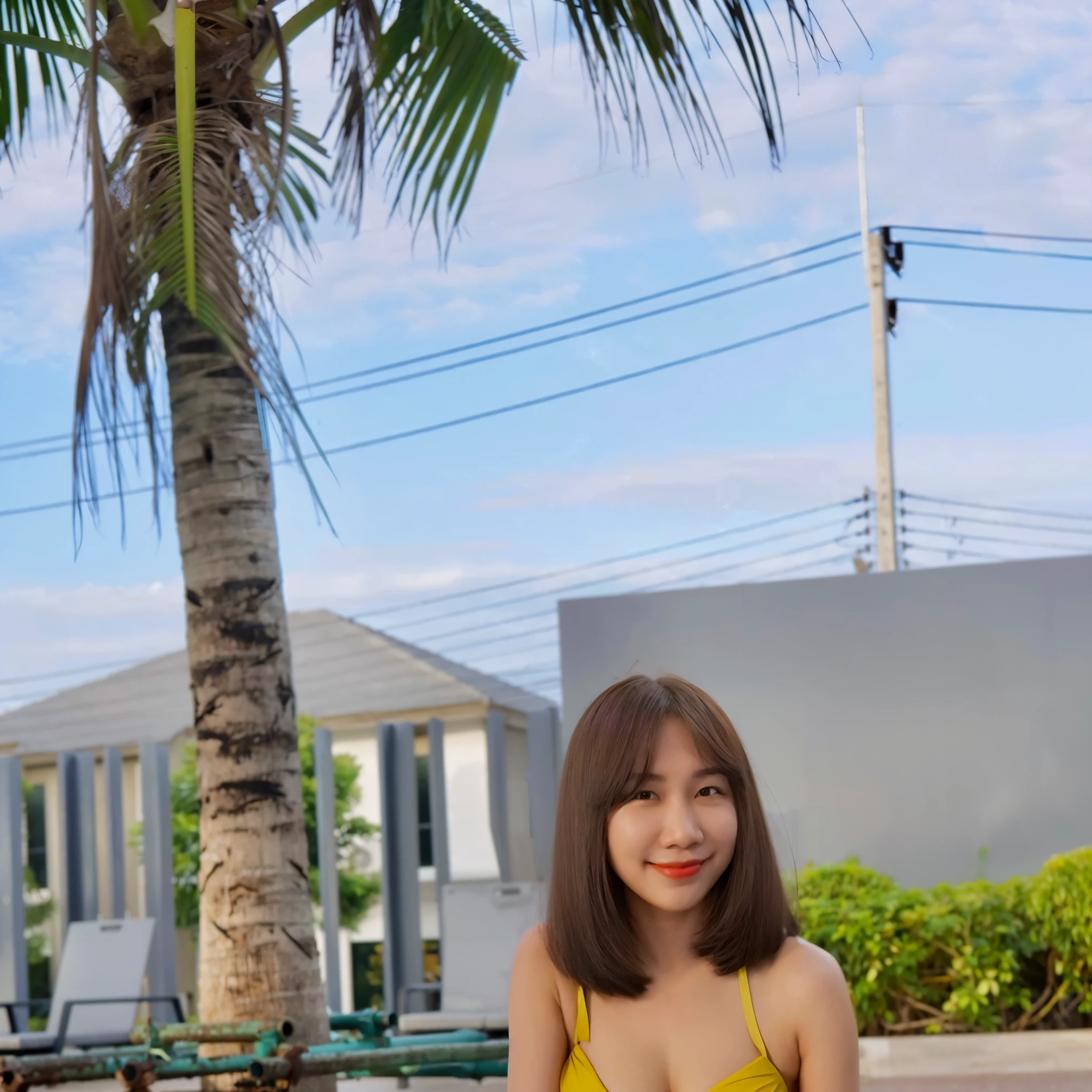 Asian woman Arav shows off her bare breasts sitting in a pool, beside the pool, sitting by the ...