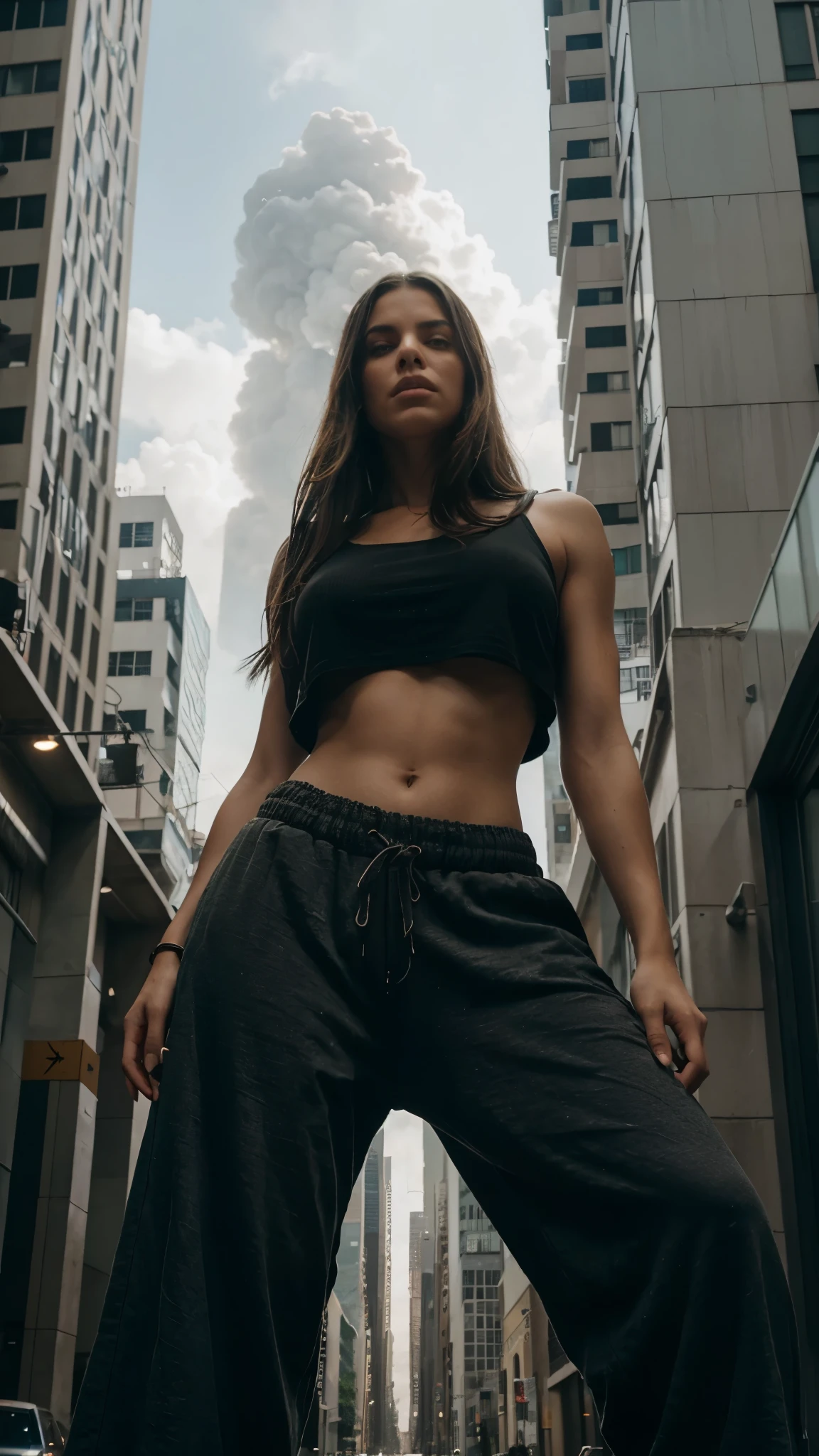 A woman standing in the middle of a city street with tall buildings - SeaArt AI