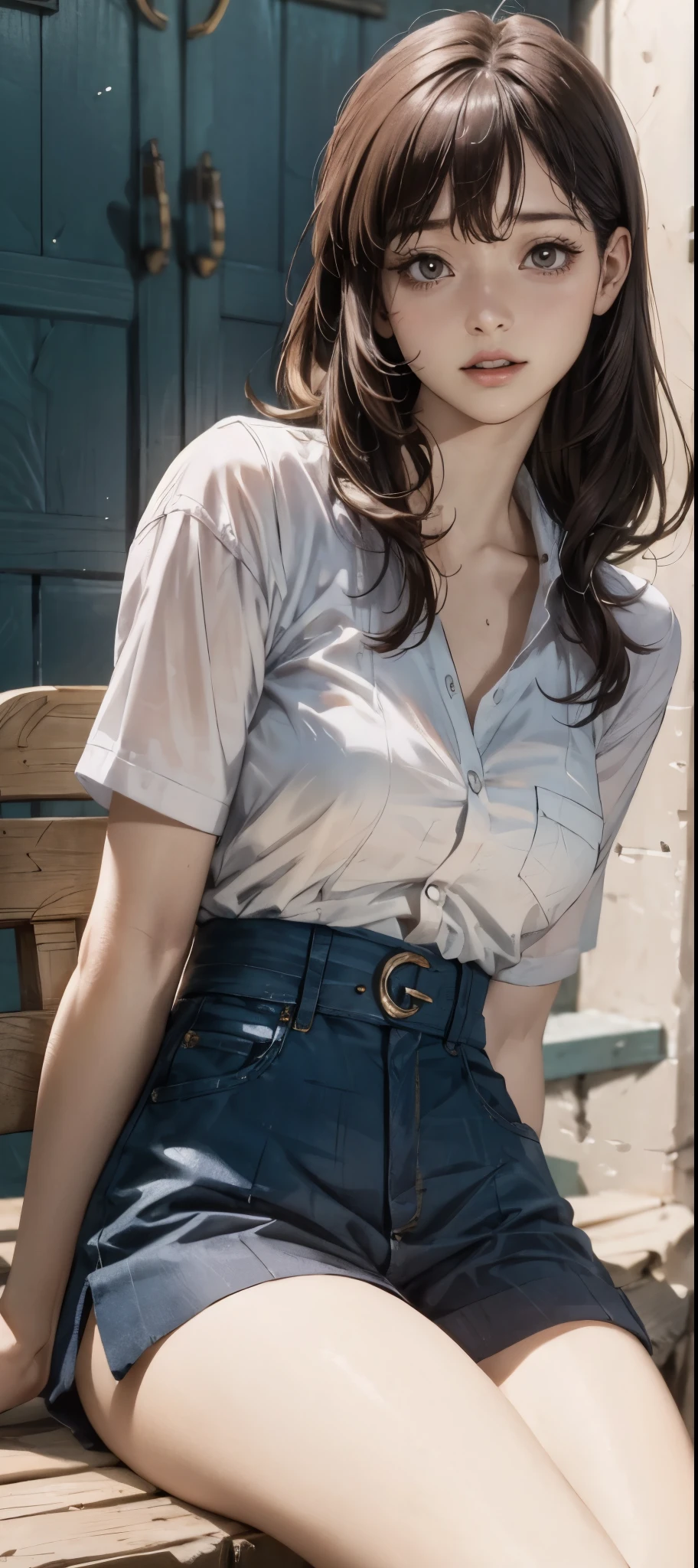 Arafed woman sitting on a bench in a short skirt - SeaArt AI