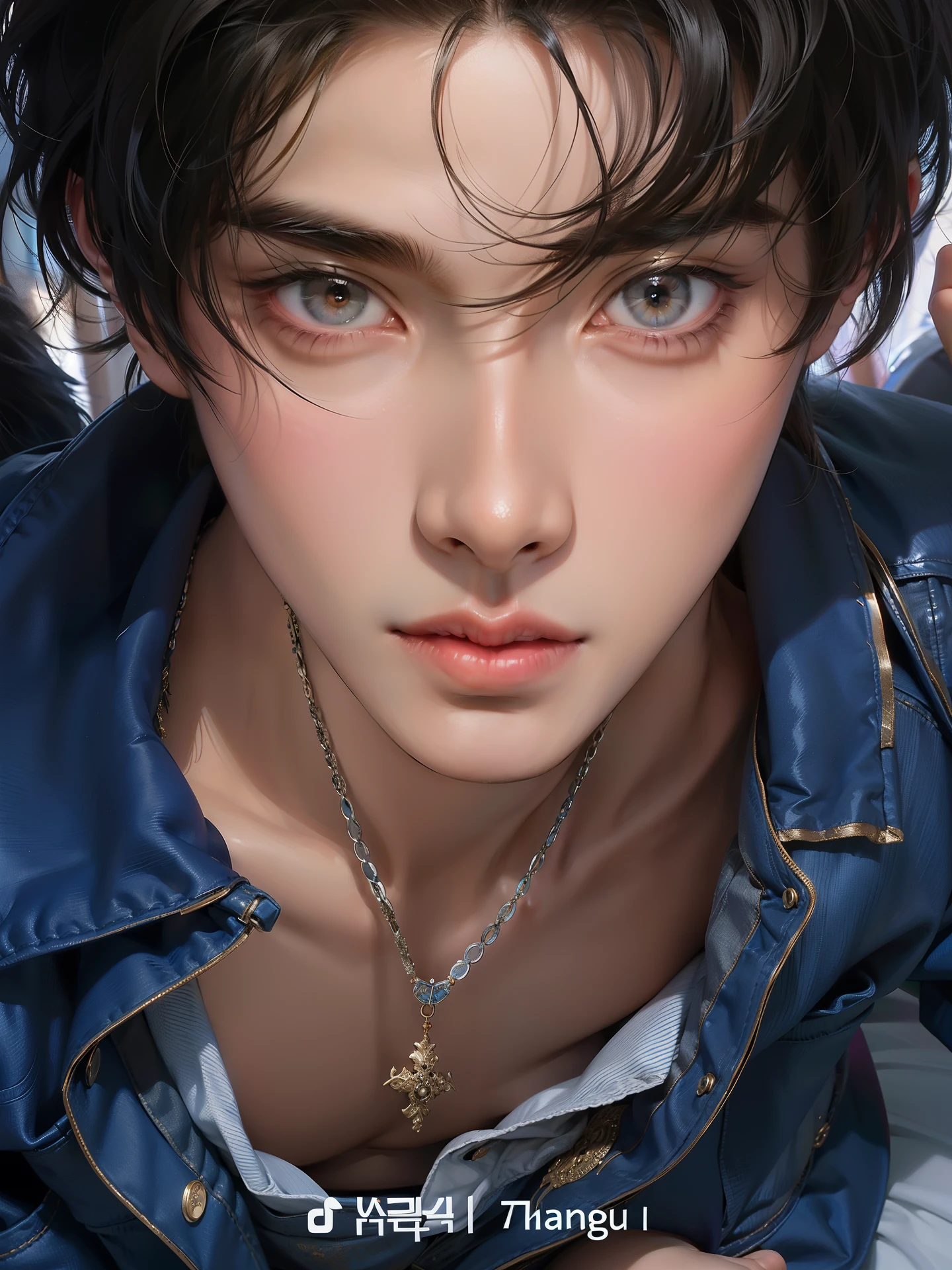 A close up of a person with a blue jacket and a necklace - SeaArt AI