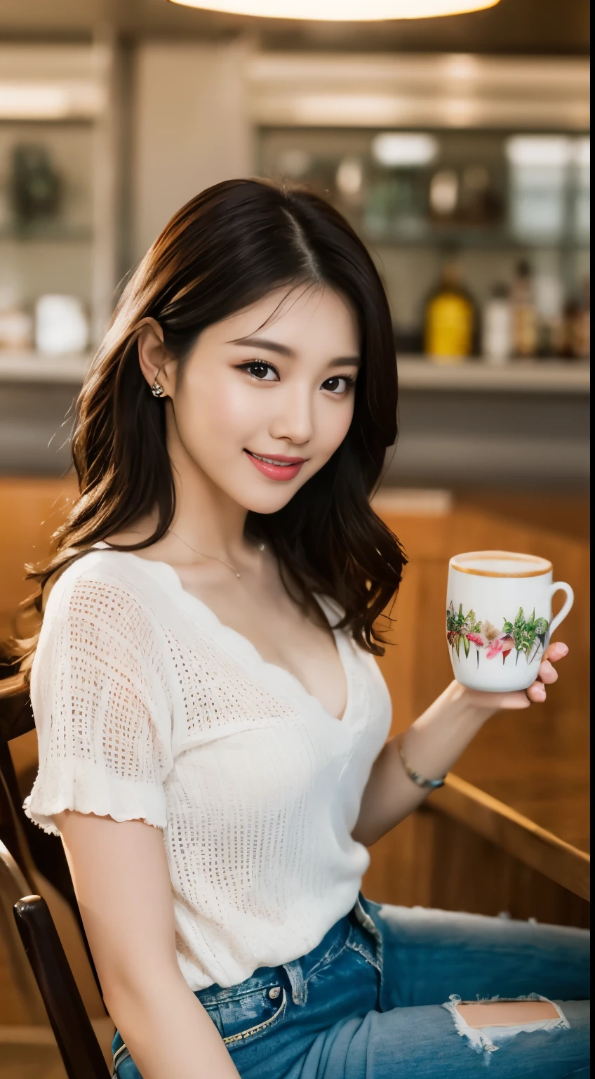 A close up of a woman sitting on a chair holding a cup - SeaArt AI