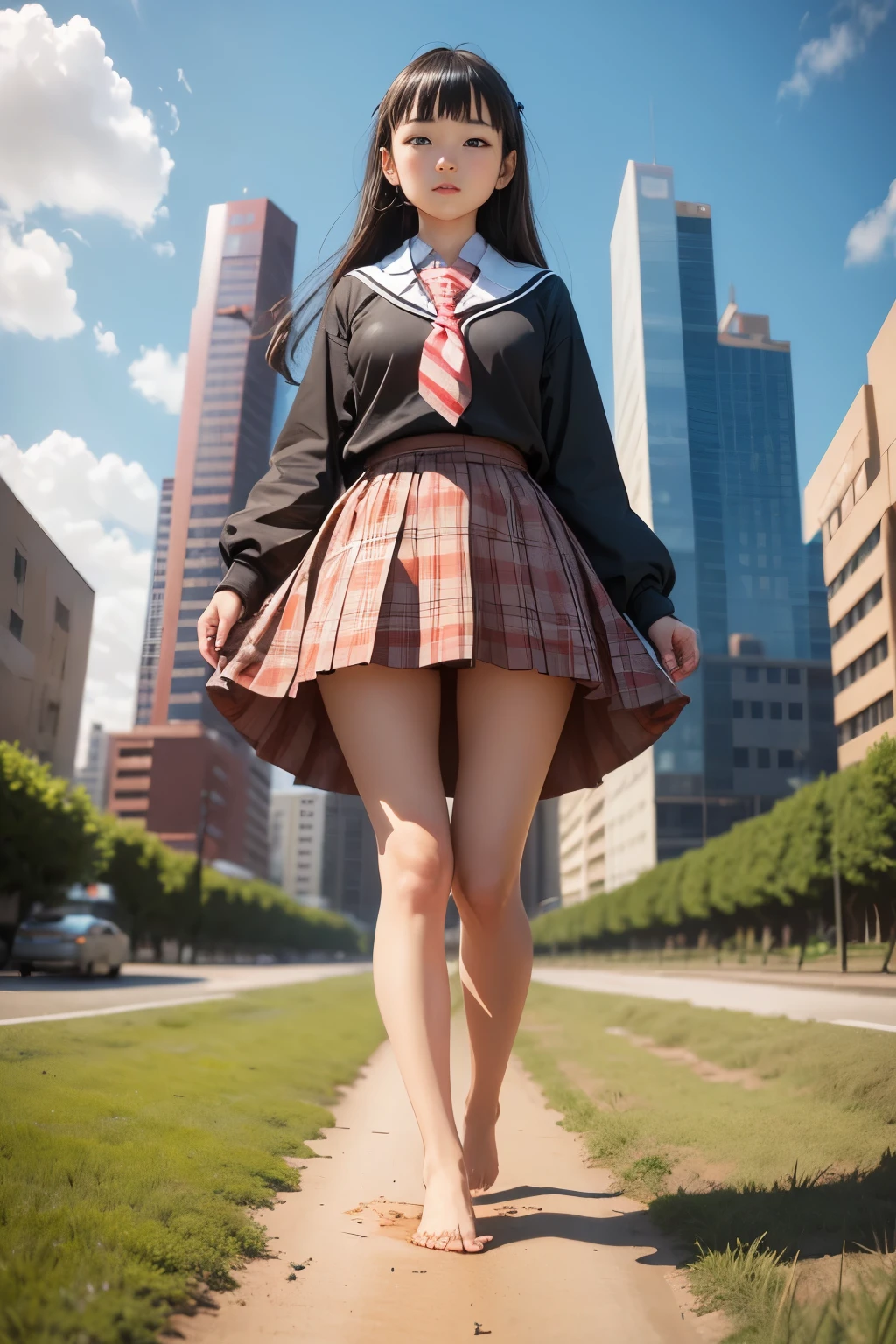 Arafed asian woman in a school uniform walking down a path - SeaArt AI