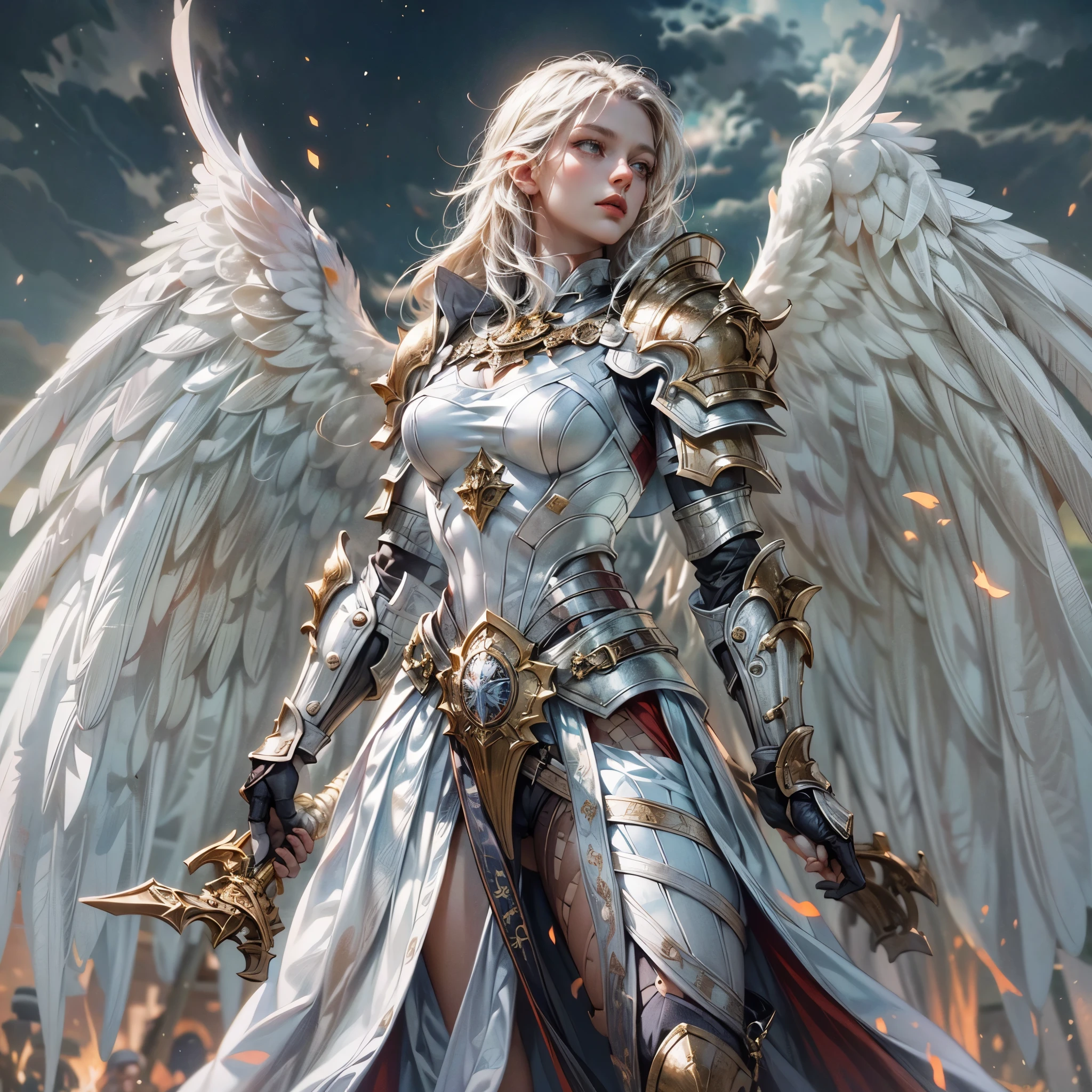 A woman with white wings and armor standing in front of a crowd - SeaArt AI