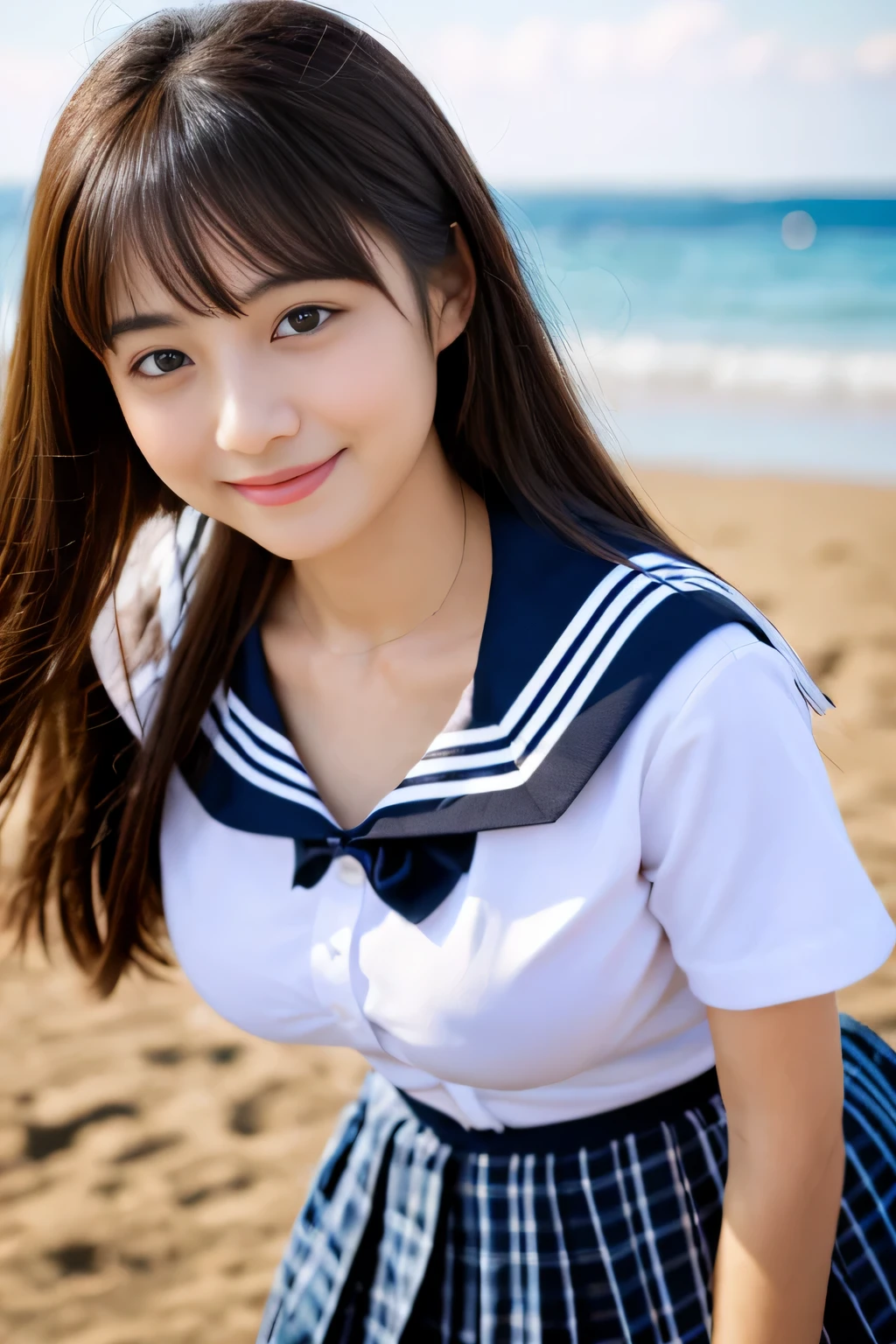 Arafed asian woman in a sailor outfit posing on the beach - SeaArt AI