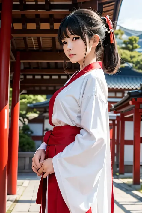 shrine maiden costume、beautiful shrine maiden、Black Hair Upstyle、((whole body))、(((photo taken ...