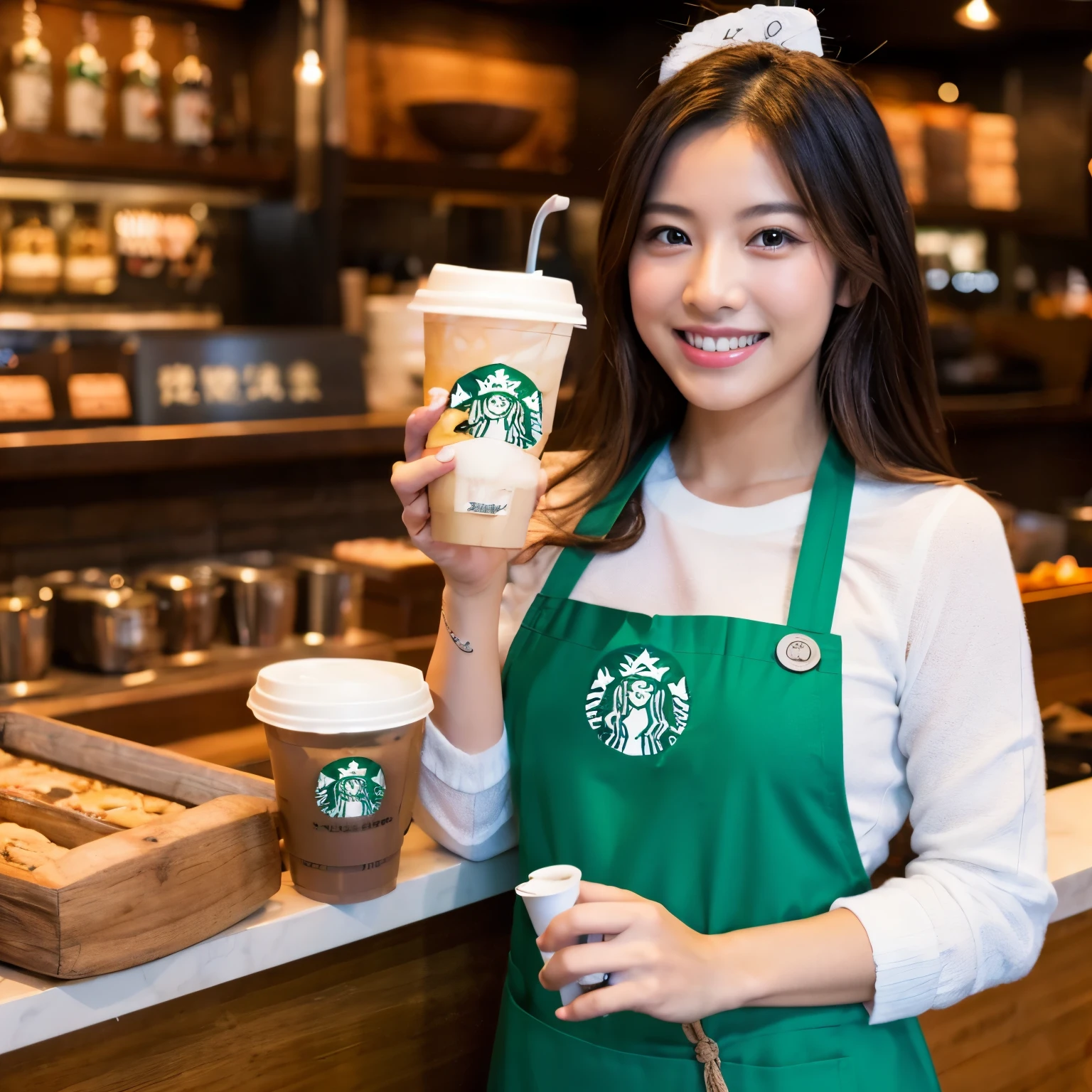 Starbucks employee holding a cup of coffee and a cup of coffee - SeaArt AI