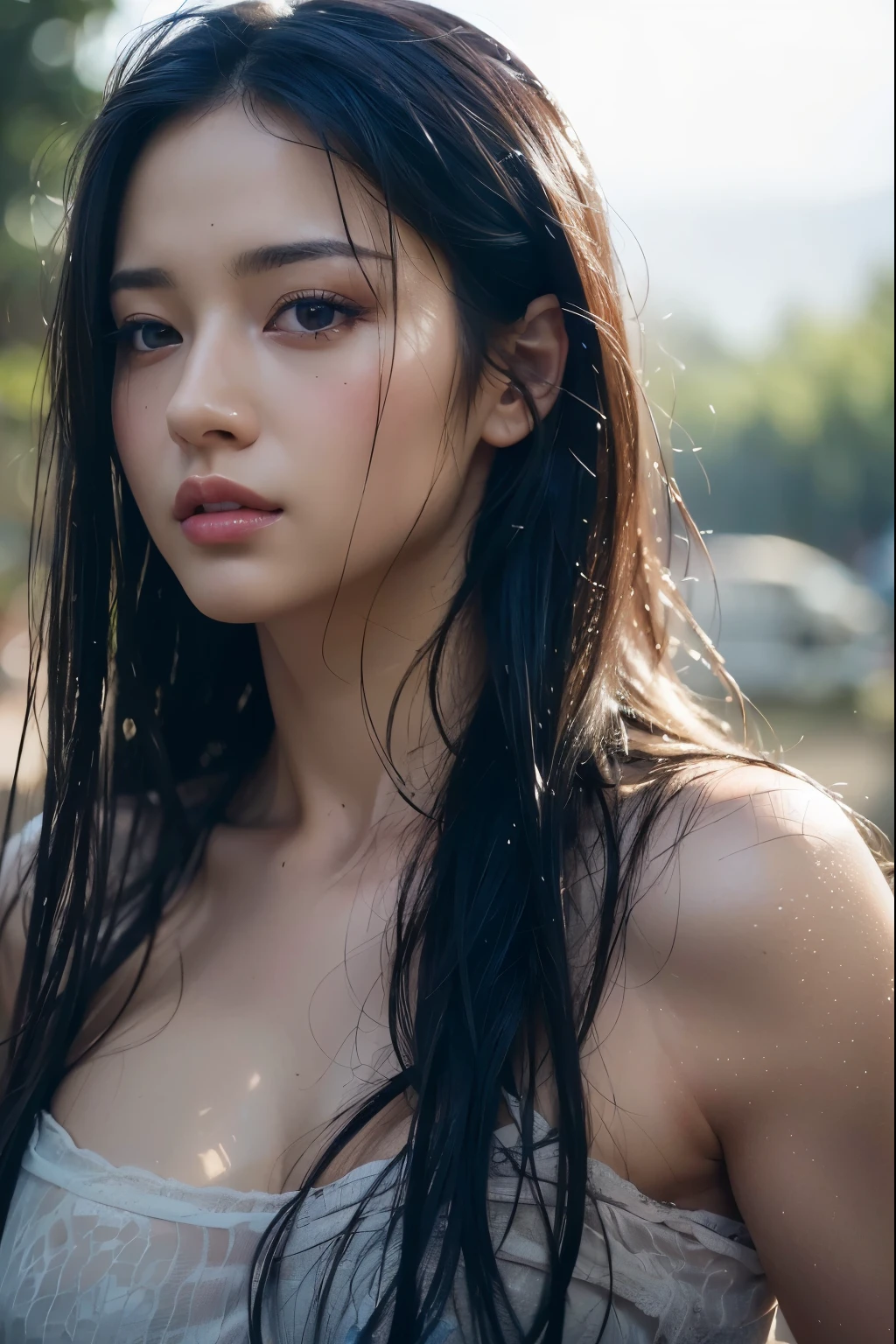 A close up of a woman with long black hair and a white top - SeaArt AI