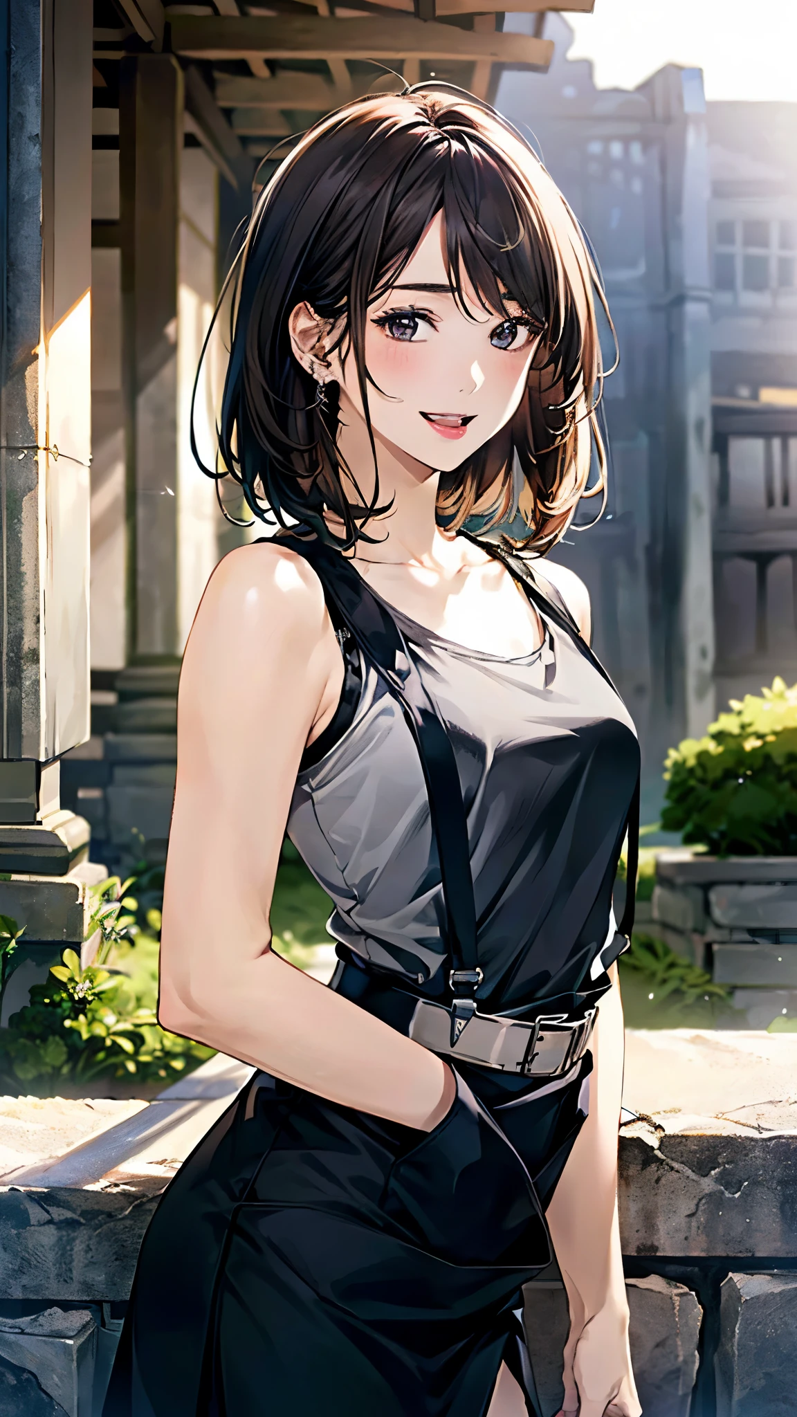 Anime girl in black dress posing in front of a building - SeaArt AI