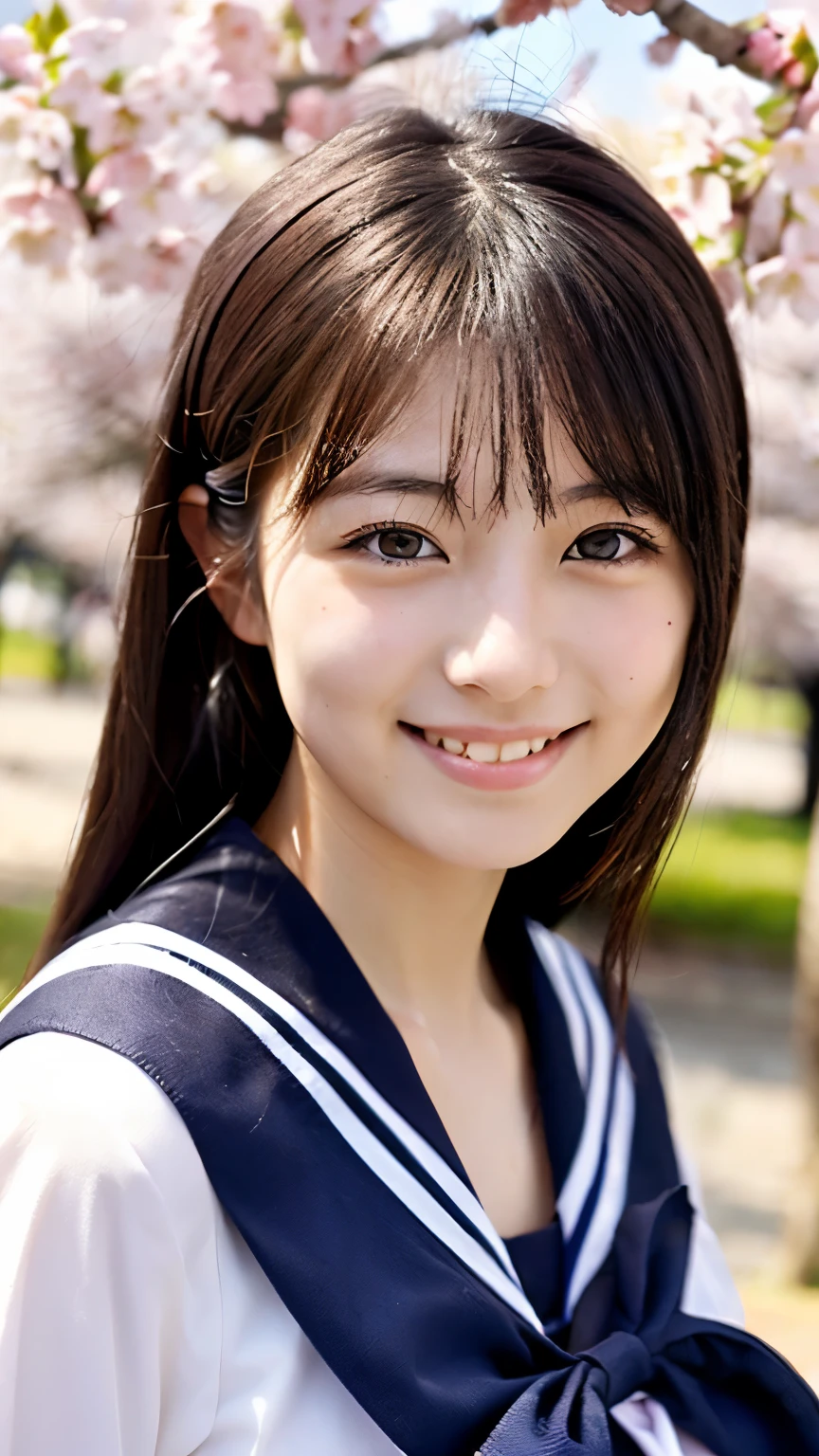美しい日本の女子高生 、1人、 満開の桜の木々で 、セクシーなポーズをとっている、 セーラー服の露出