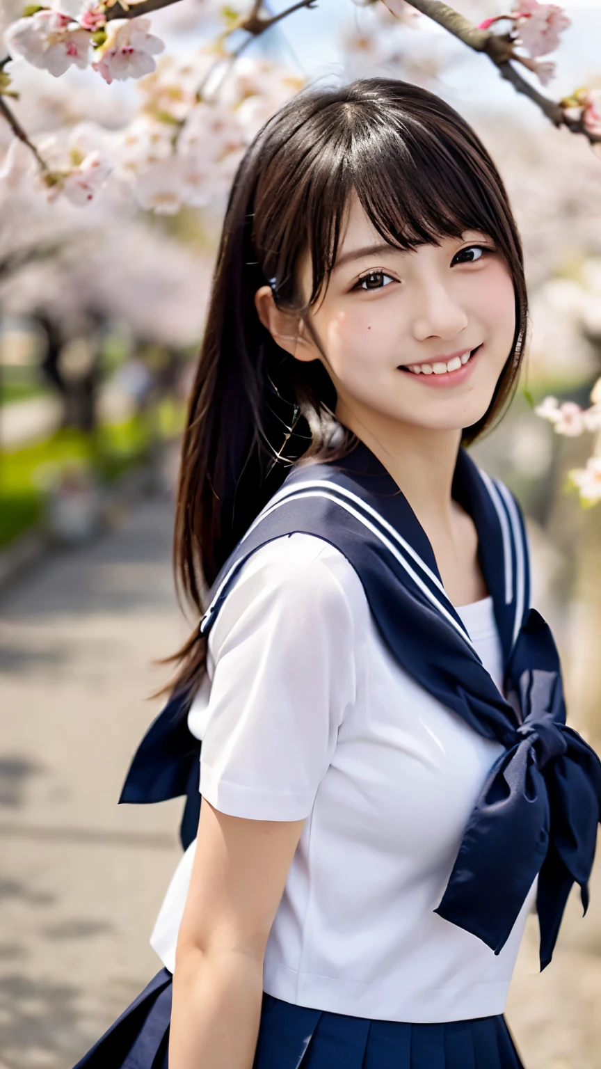 美しい日本の女子高生 、1人、 満開の桜の木々で 、セクシーなポーズをとっている、 セーラー服の露出