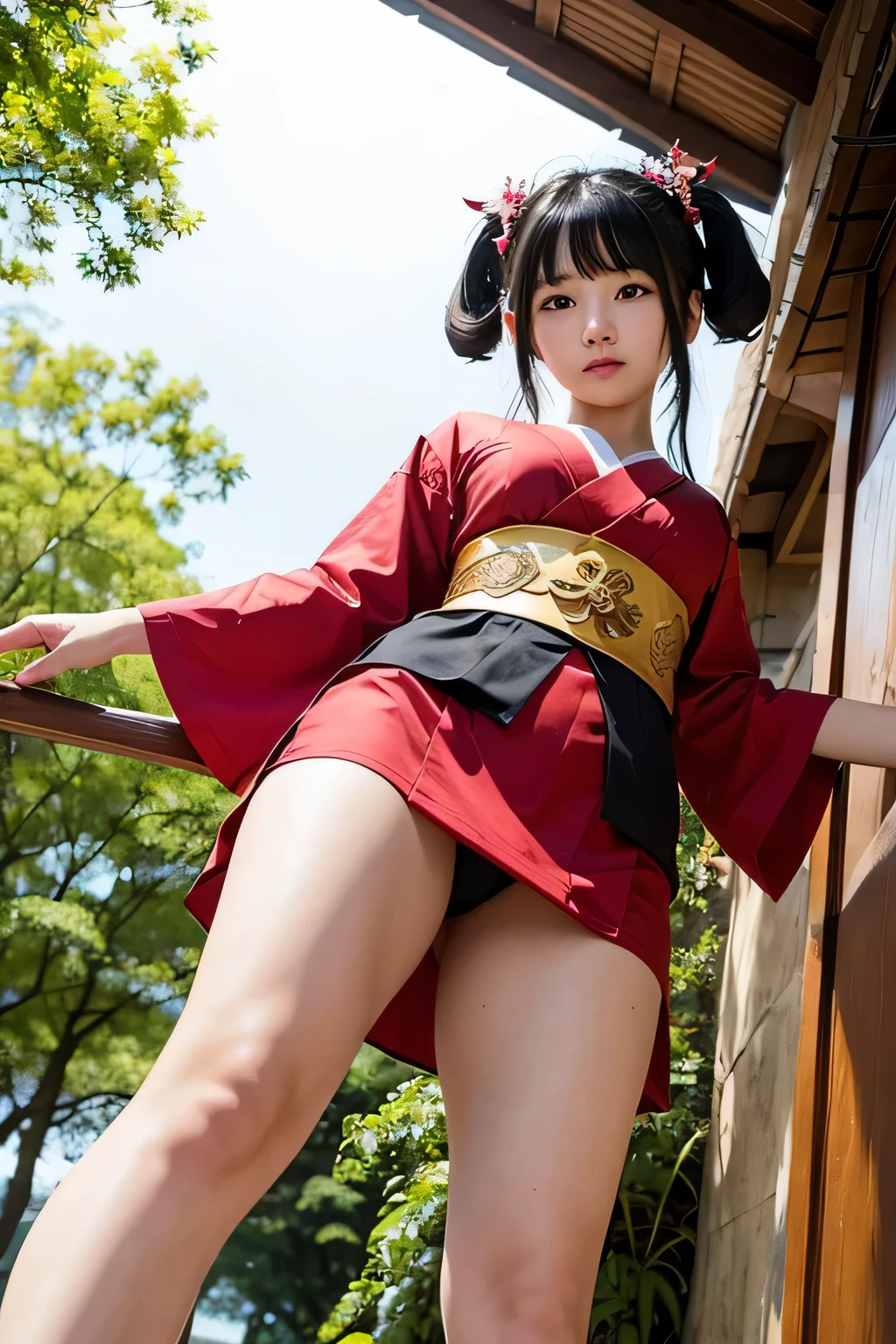 shrine maiden costume、beautiful shrine maiden、Black Hair Upstyle、((whole body))、(((photo taken ...