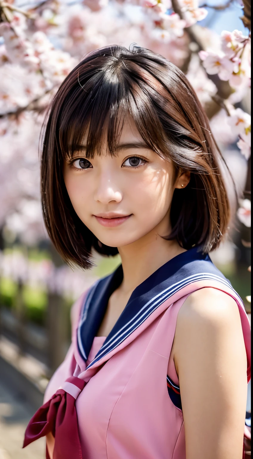 美しい日本の女子高生 、1人、ショートヘア、 満開の桜の木々で 、セクシーなポーズをとっている、 露出度の高いノー