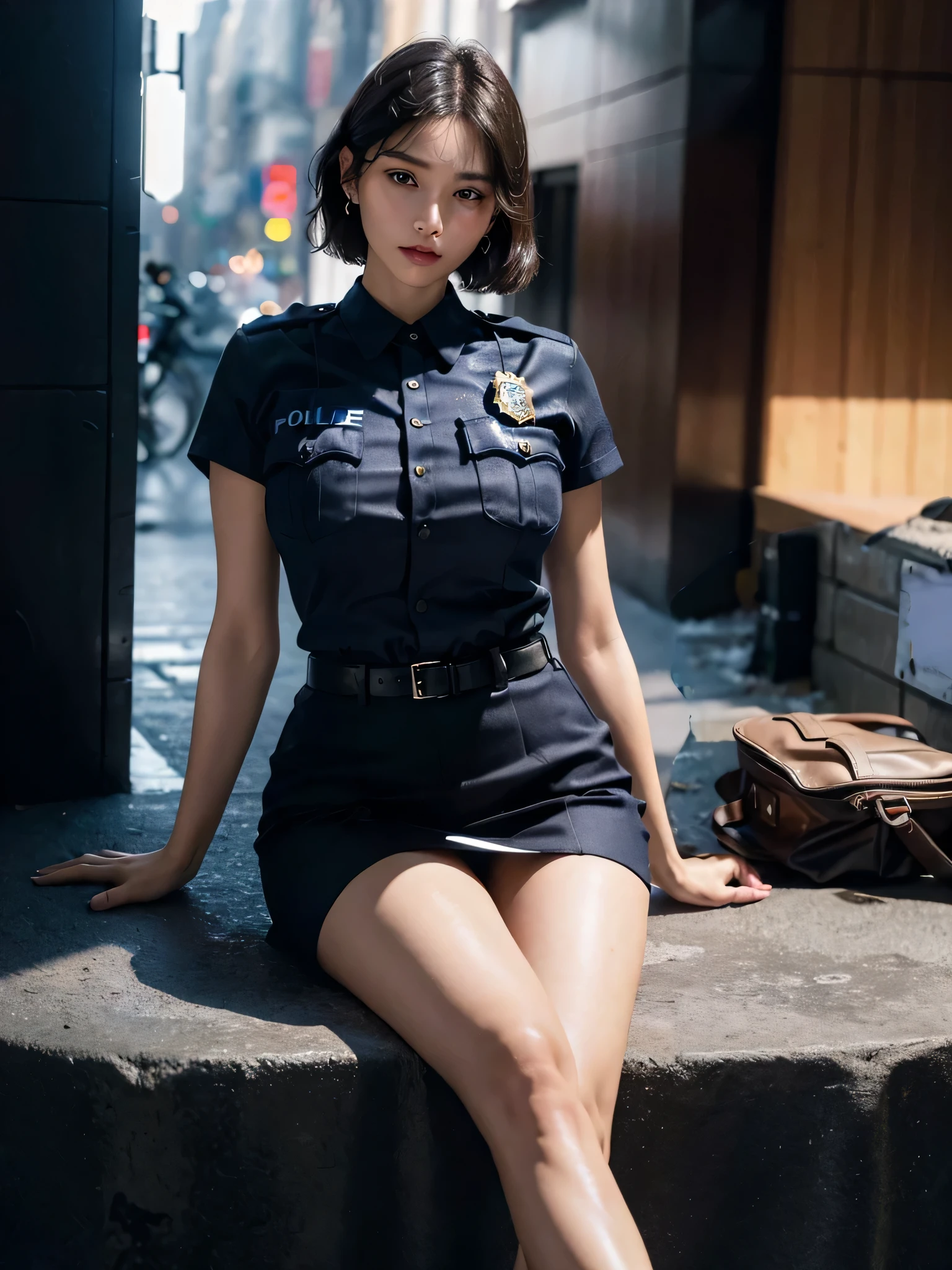 Mujer araffe con uniforme de policía sentada en una cornisa - SeaArt AI