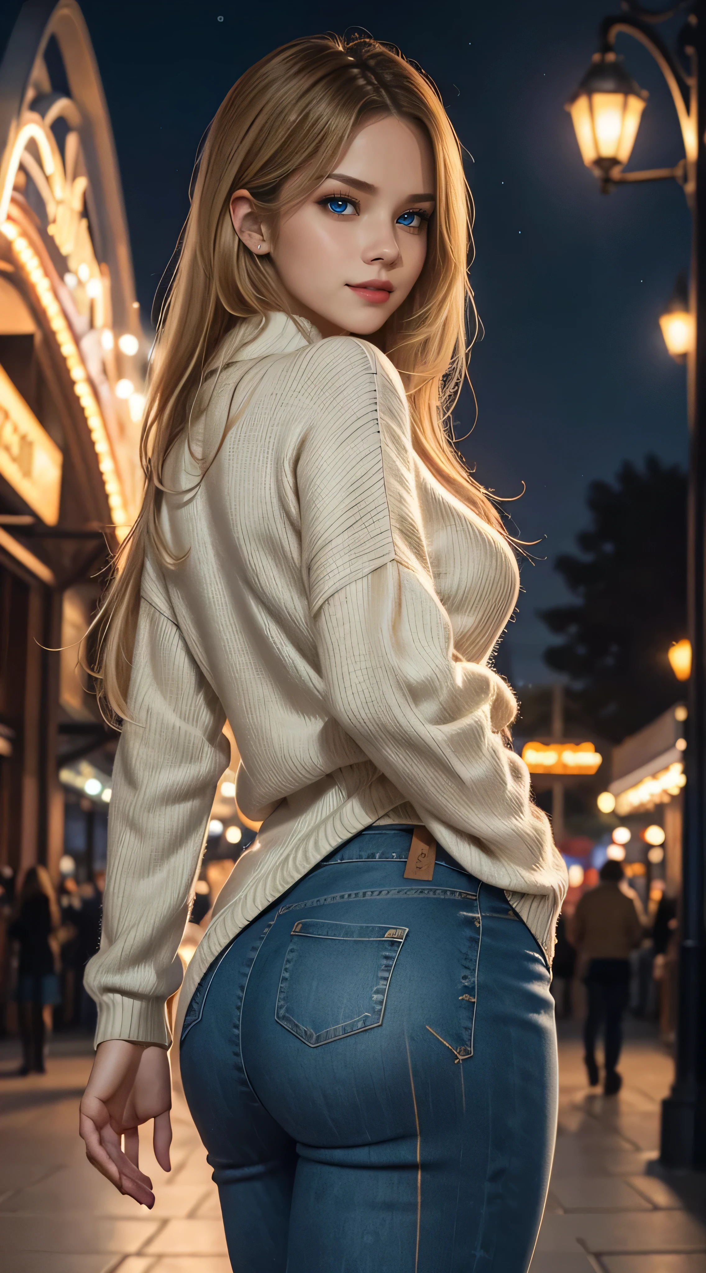 A woman in jeans and a sweater posing for a picture - SeaArt AI