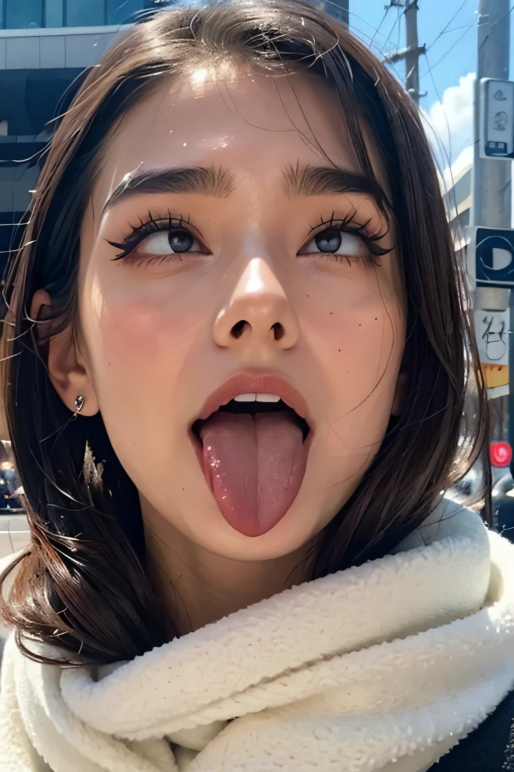 A close up of a woman sticking out her tongue with a scarf around her neck - SeaArt AI