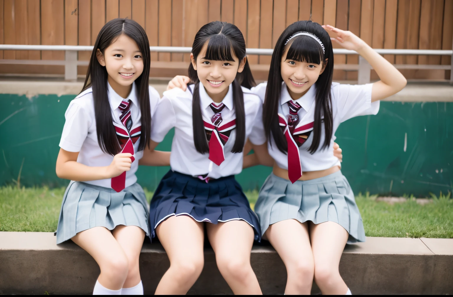 制服を着た3人の女の子がベンチに座って笑っている Seaart Ai
