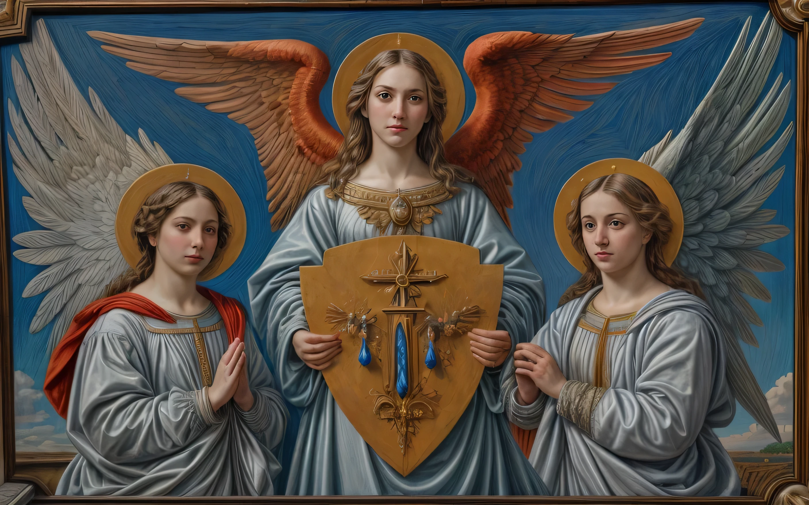 Pintura de tres ángeles sosteniendo un escudo y una cruz. - SeaArt AI
