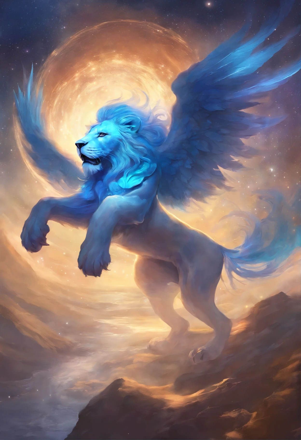 明るい光とともに空に浮かぶ青い翼のライオンの絵 - SeaArt AI