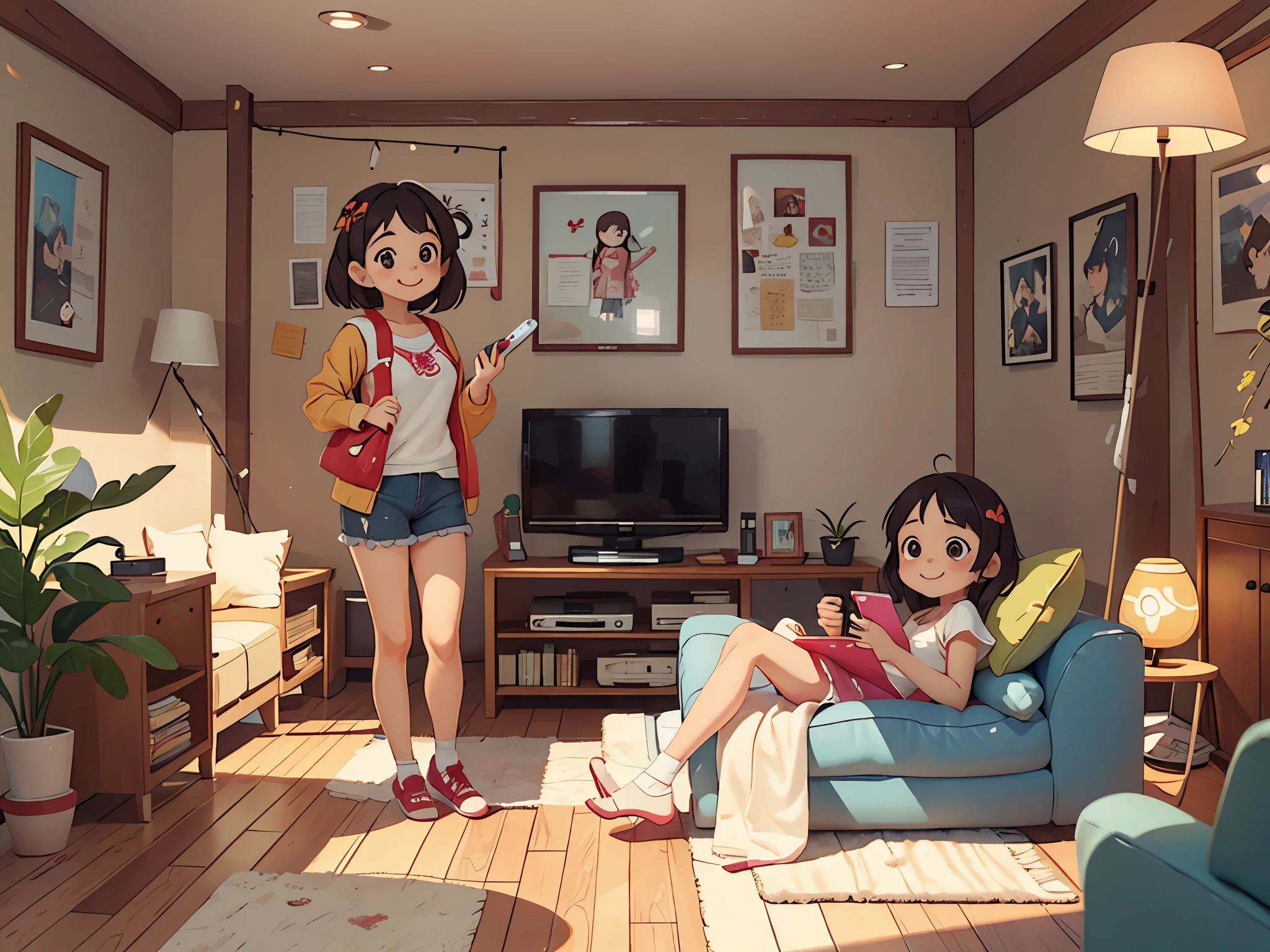 Cute little girl sitting on sofa watching television，Mom stood by，living room，television，sofa ...