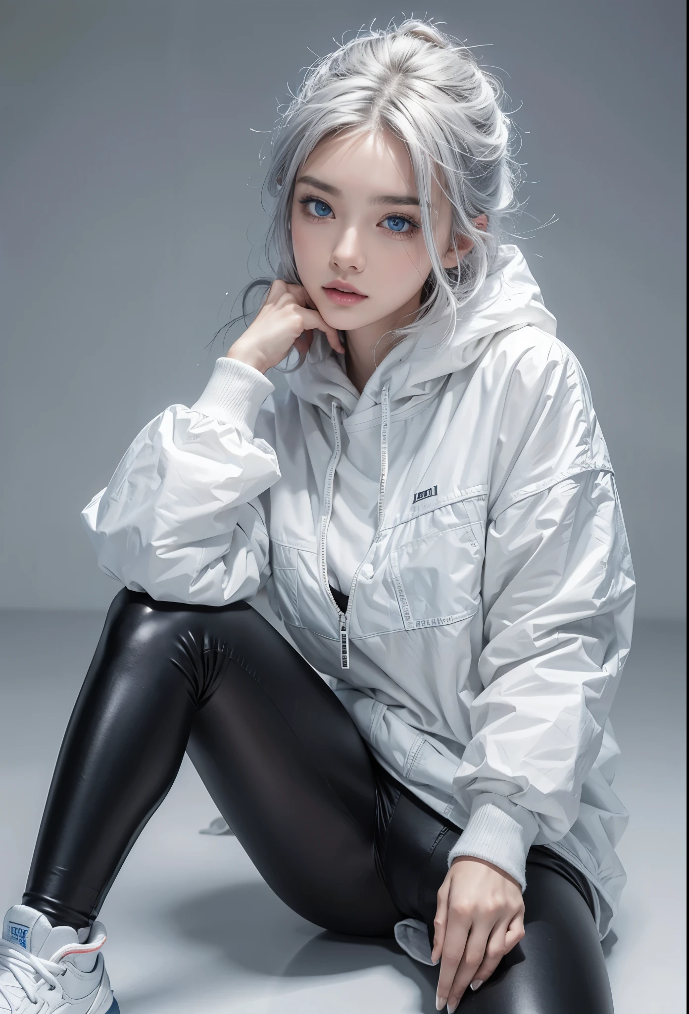 A woman with grey hair and black leggings sitting on a white floor - SeaArt AI