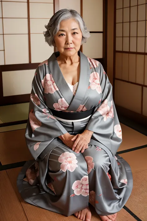 80 year old Japanese grandma、gray hair、wavy short hair、huge saggy breasts、plump body、Traditional ...