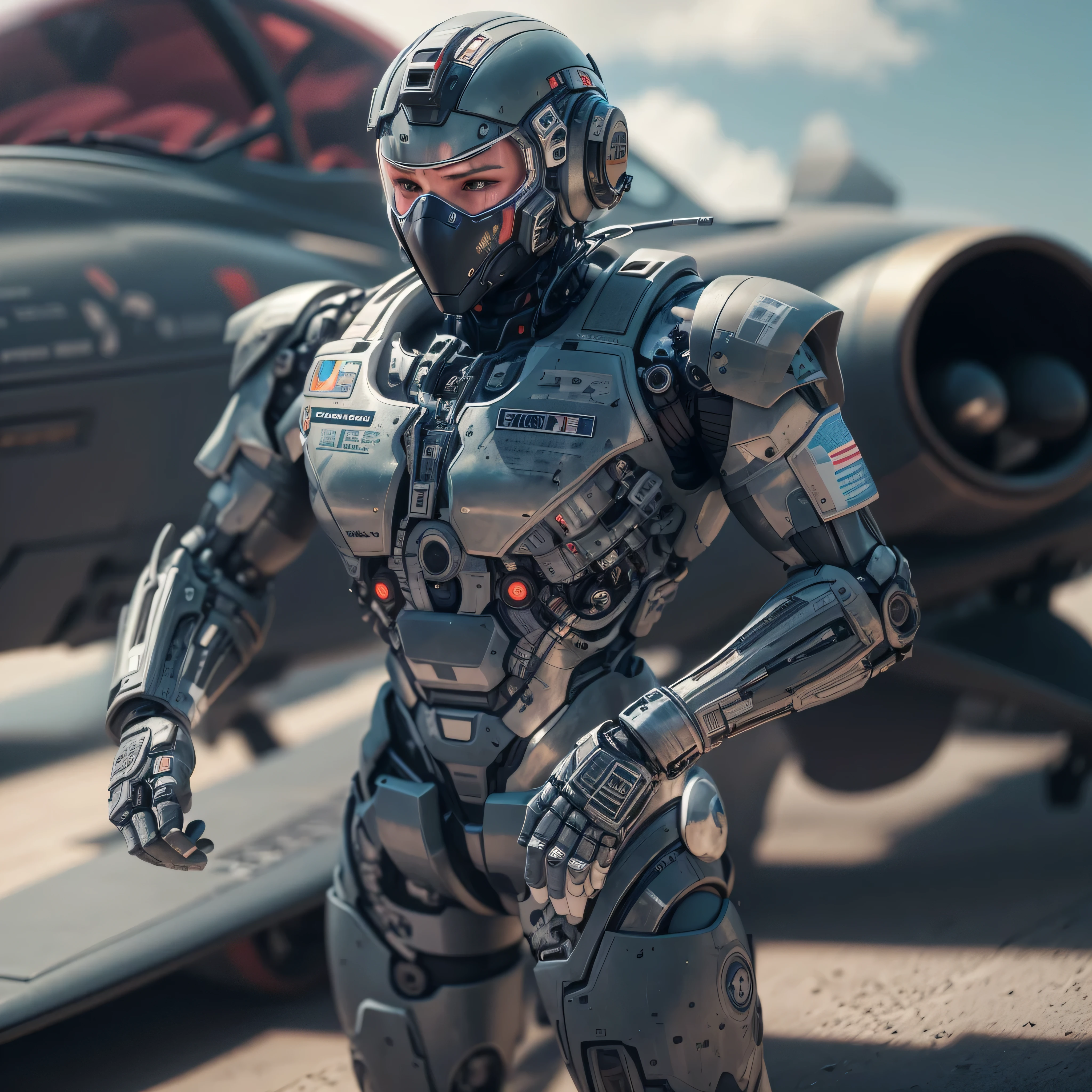 An artificial intelligence Fighter Pilot robot, in a fighter jet, and the robot is the pilot ...