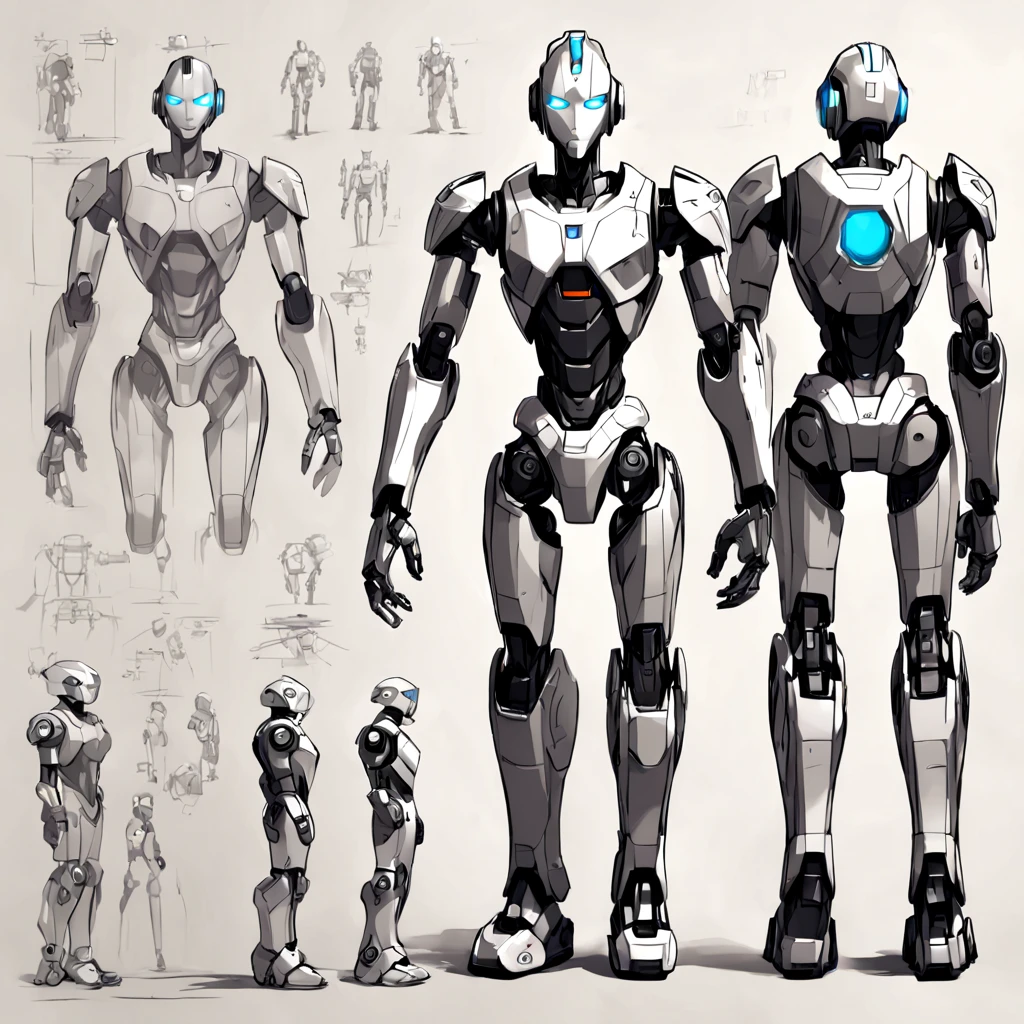 Character design sheet, a stylish of a humanoid robot, front and back ...