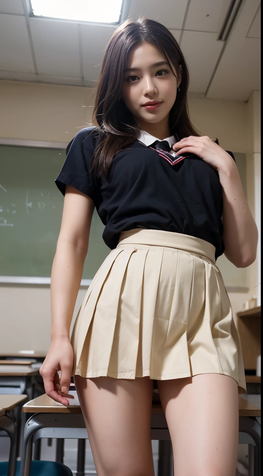 Arafed Asian Woman In A Skirt And A Black Shirt Posing In A Classroom