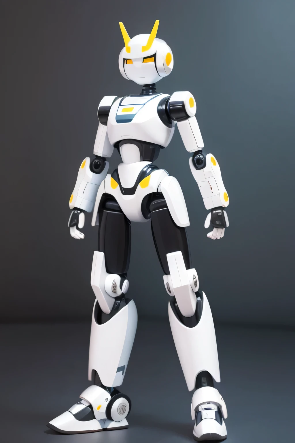 A white robot with yellow and black accents standing in a studio ...