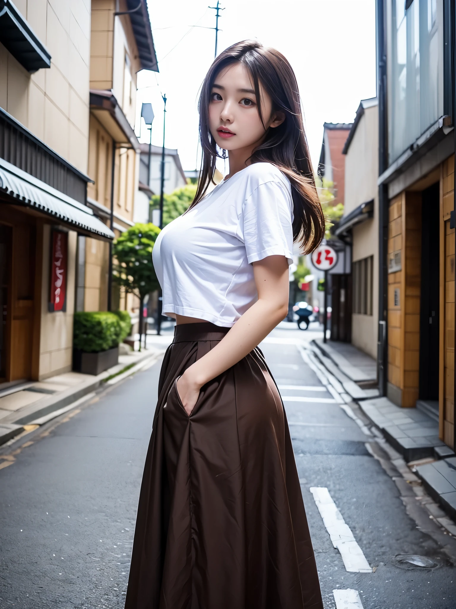 japanese woman、brown hair、beautiful girl、big breasts、1 female、T-shirt、long skirt、In town - SeaArt AI