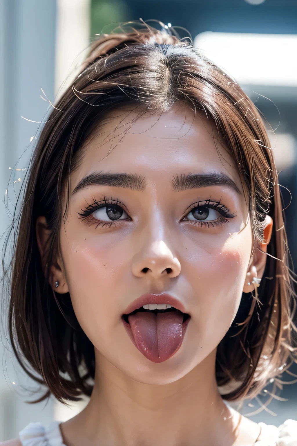 A close up of a woman sticking out her tongue with a surprised look - SeaArt AI