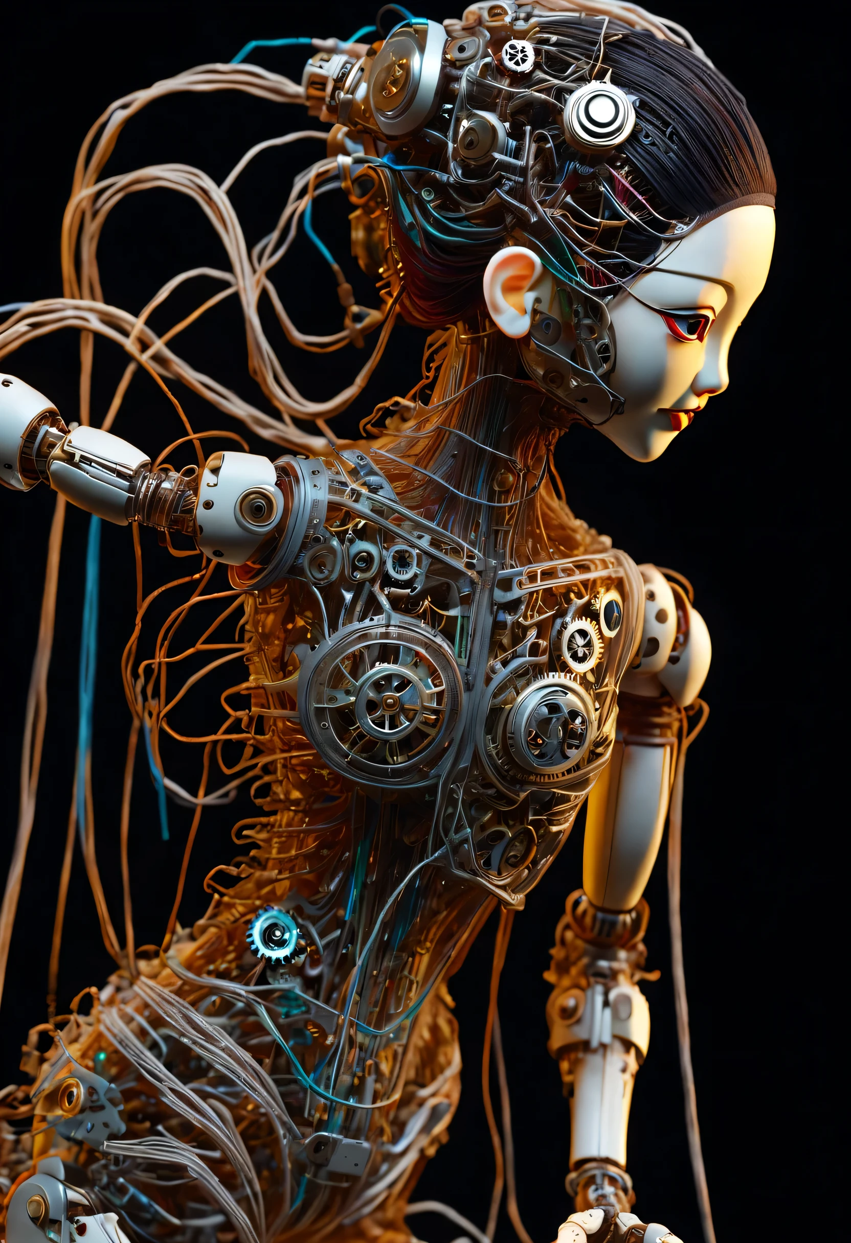 A close up of a robot with wires and wires attached to it - SeaArt AI
