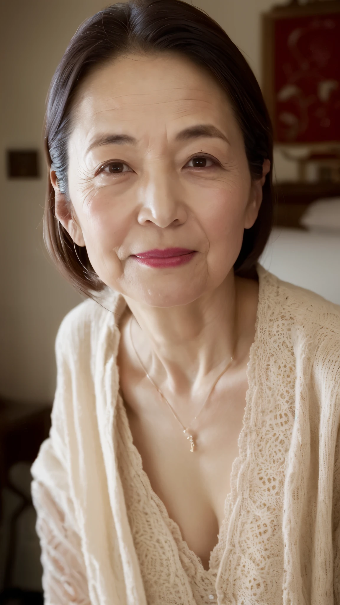 Elderly 成熟した女性 集中した 装飾天井 古い顔 真珠のネックレス Seaart Ai