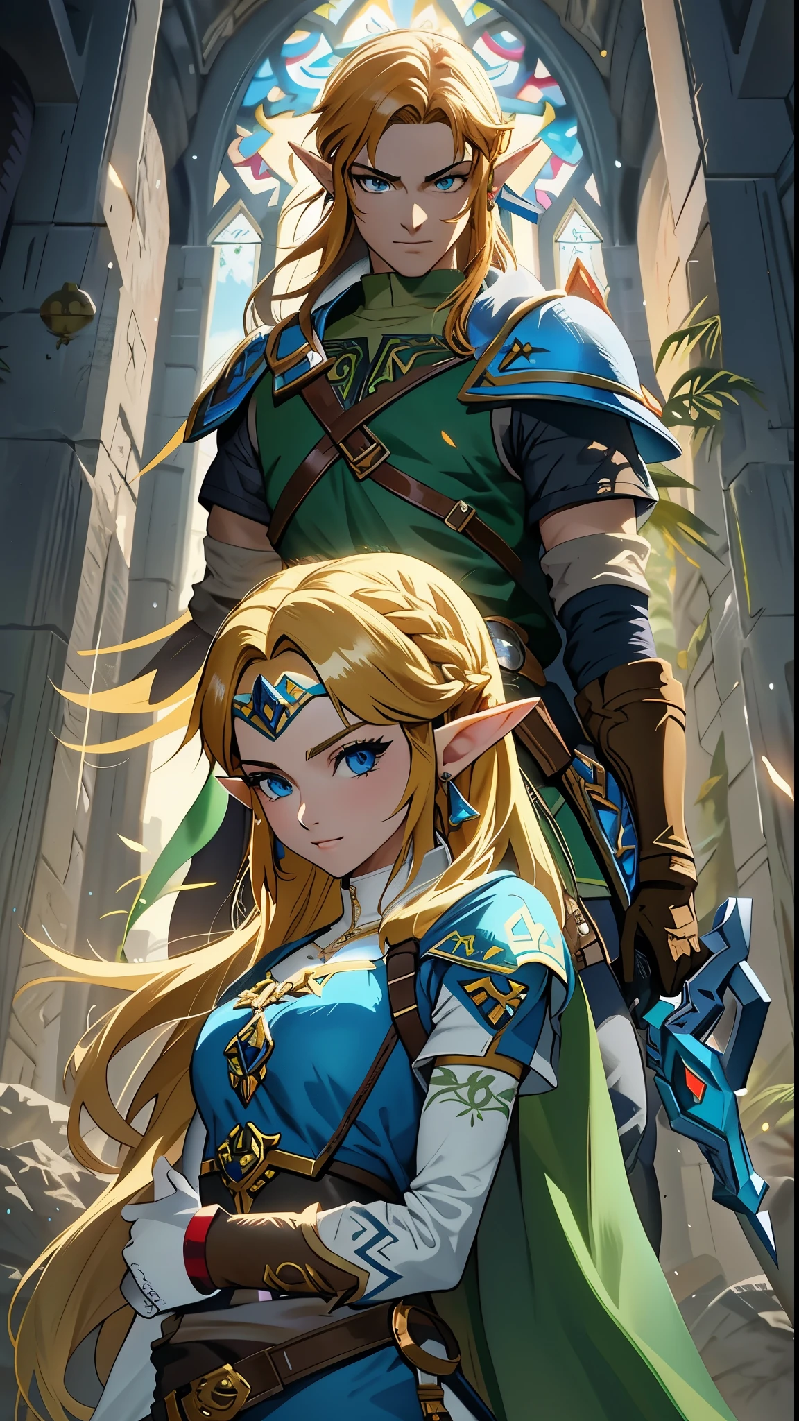 A drawing of two people standing next to each other in front of a stained window - SeaArt AI