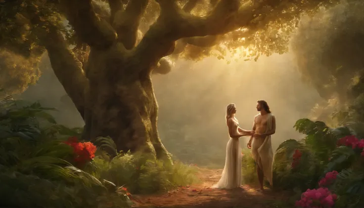 Adam and Eve in the Garden of Eden, cercado por animais, extremamente ...