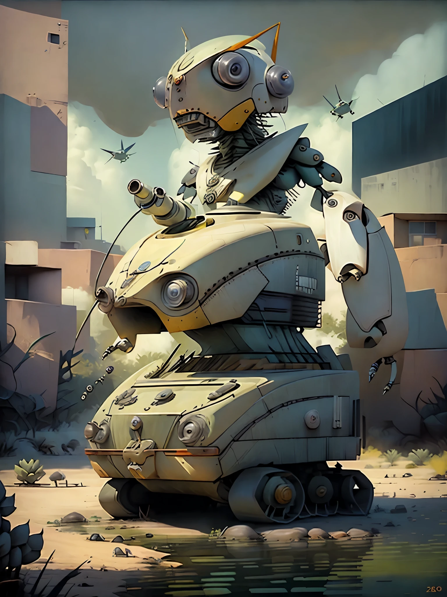 A close up of a robot on a tank in a desert - SeaArt AI