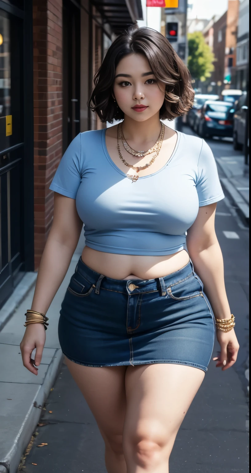 Araffe woman in a blue top and denim skirt walking down a street - SeaArt AI