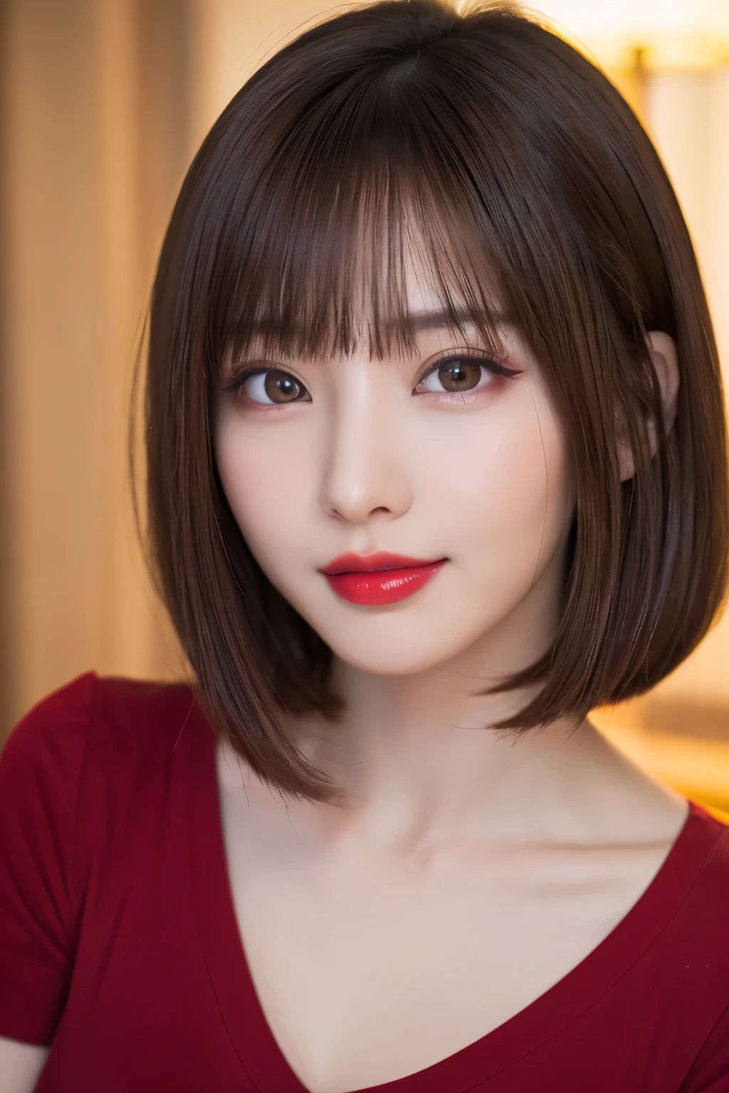 A close up of a woman with a red shirt and a red lipstick - SeaArt AI