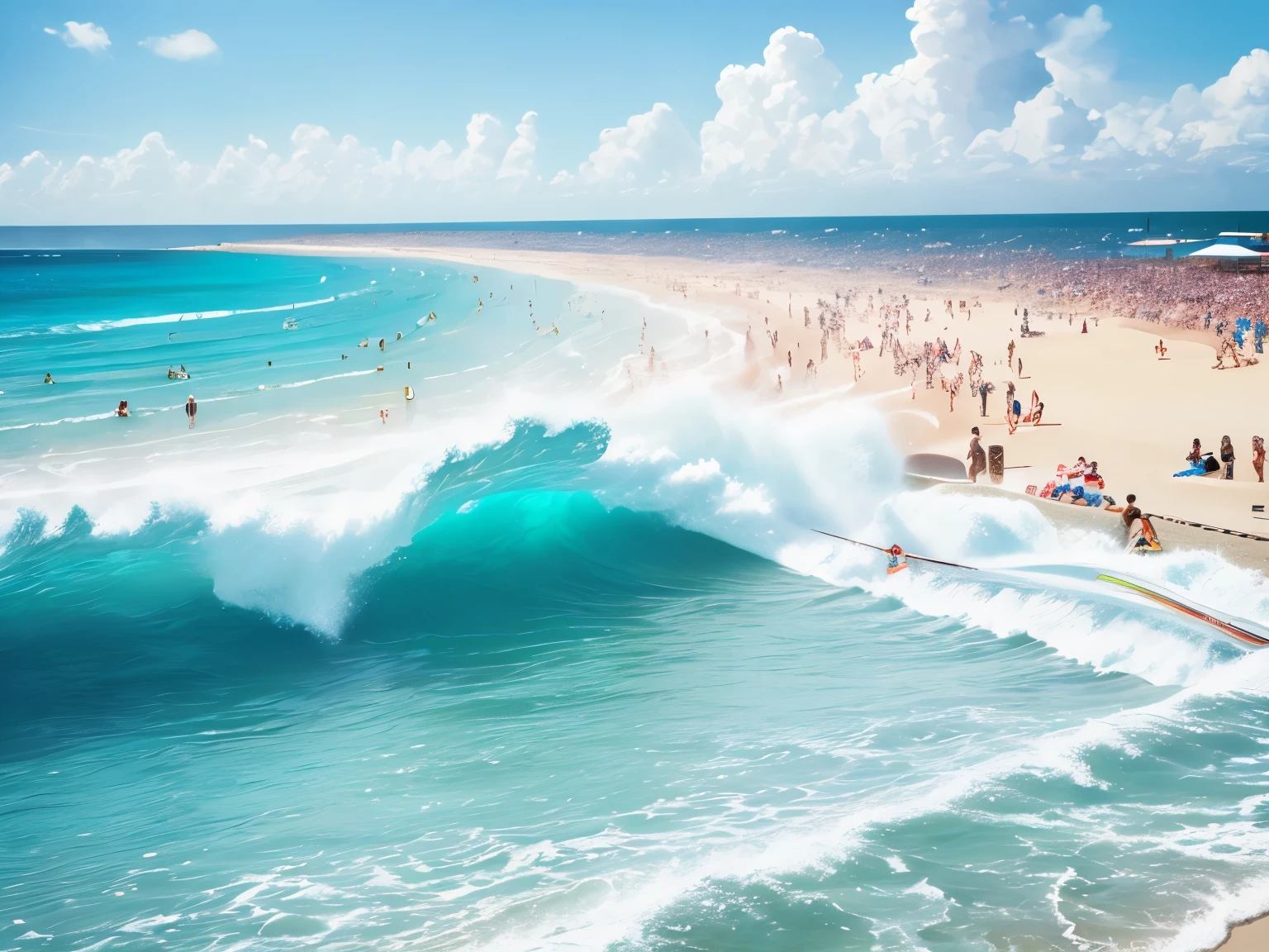Surfers are riding the waves on a beach with a large group of people ...