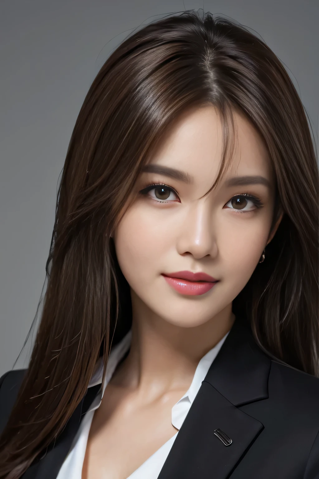 黒いスーツと白いシャツを着た女性が写真を撮るためにポーズをとっている Seaart Ai
