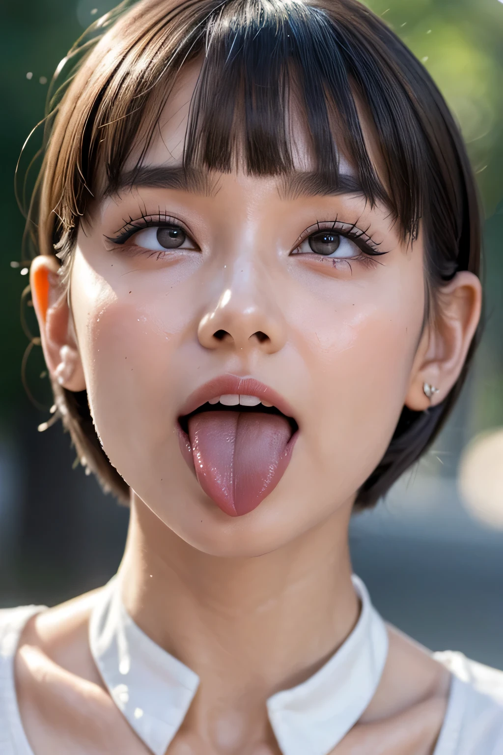 A close up of a woman sticking out her tongue with a white shirt - SeaArt AI