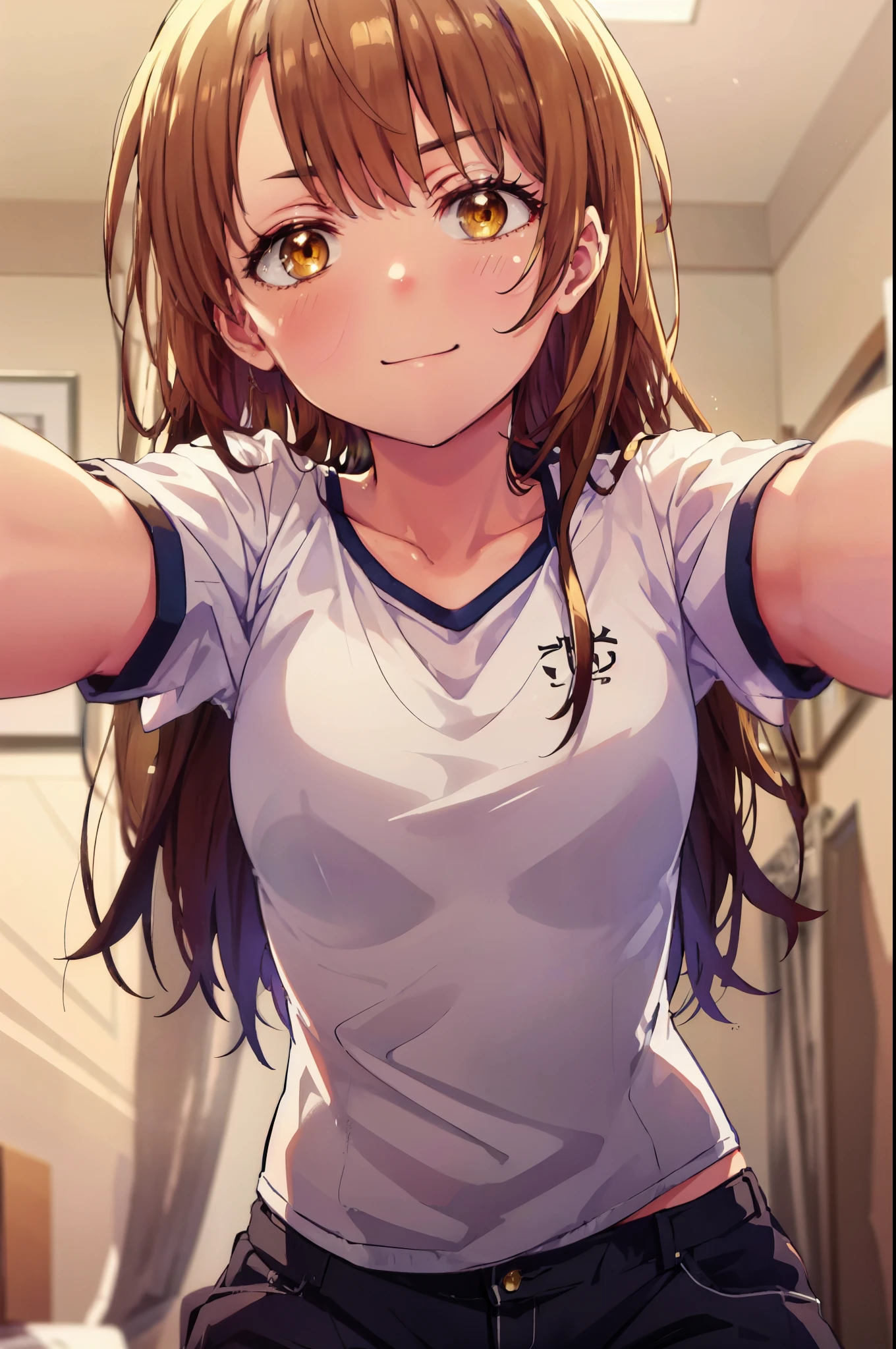 長い茶色の髪と白いシャツを着てテニスラケットを持っているアニメの女の子 Seaart Ai