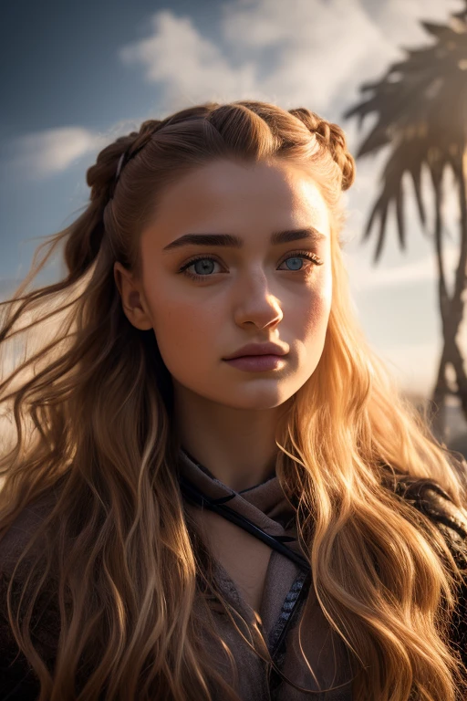 Sansa Stark, soaring female figure made of ribbons, smoke, in the sky ...