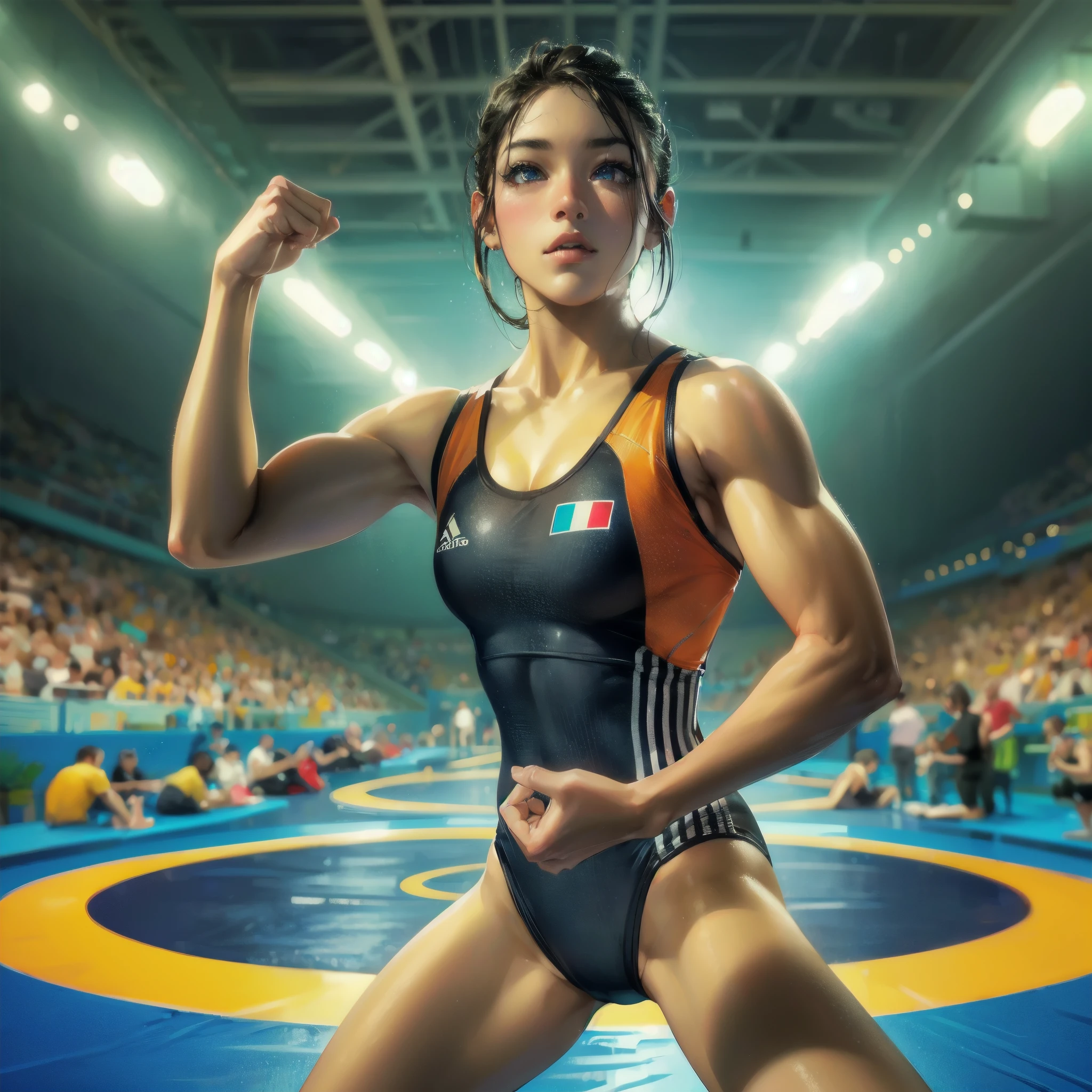 A woman in a wrestling suit posing for a photo - SeaArt AI