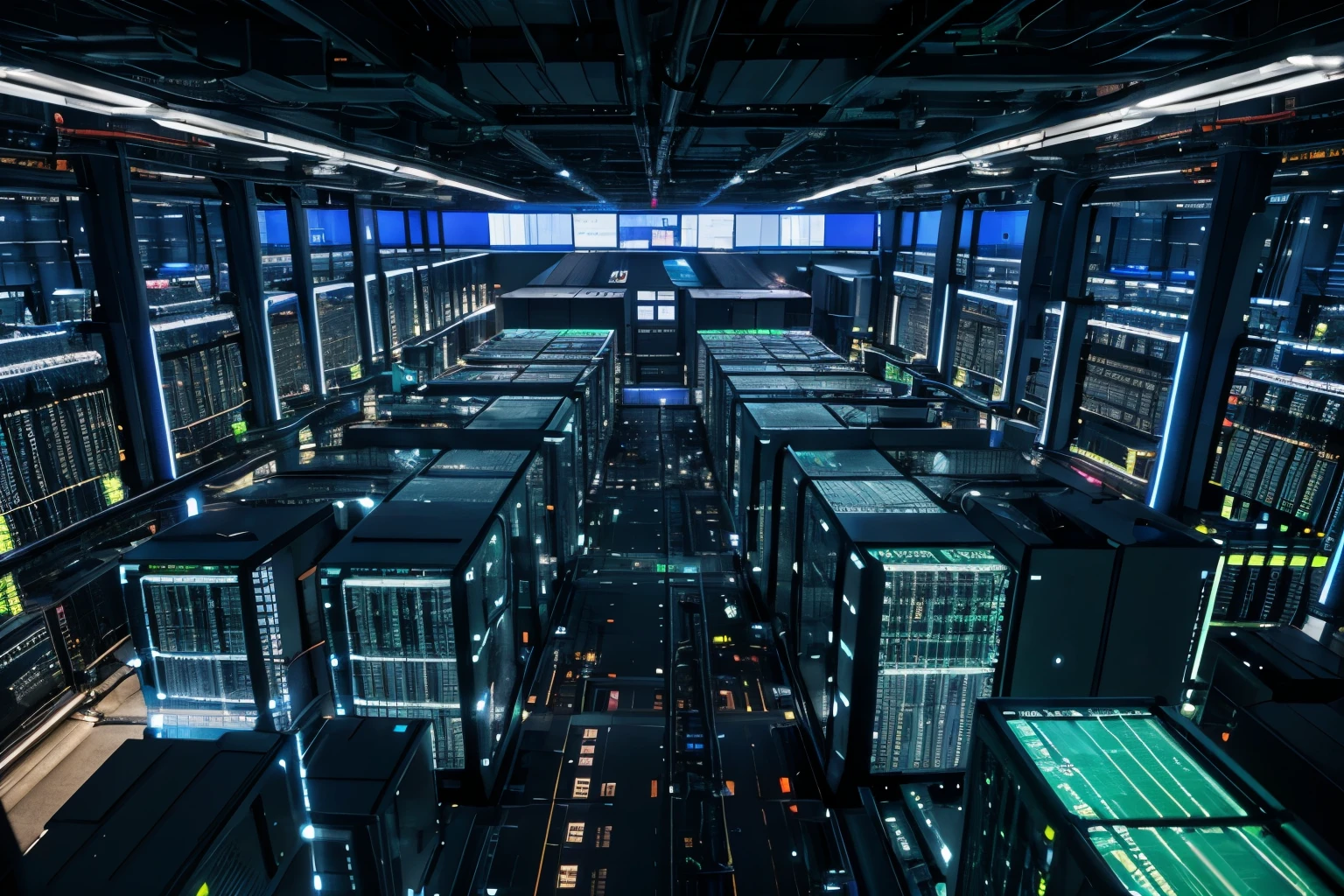 A view of a large room with many rows of computers - SeaArt AI